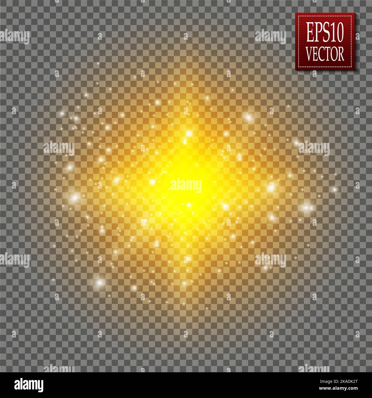 Set of golden glowing lights effects isolated on transparent background. Sun flash with rays and ...