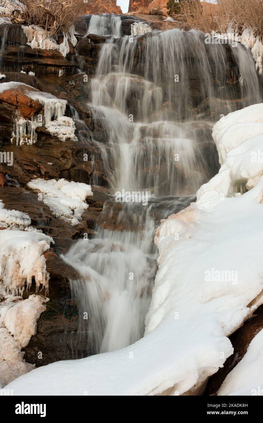 Close-up detail of the cascades of Faux Falls with ice and snow in ...