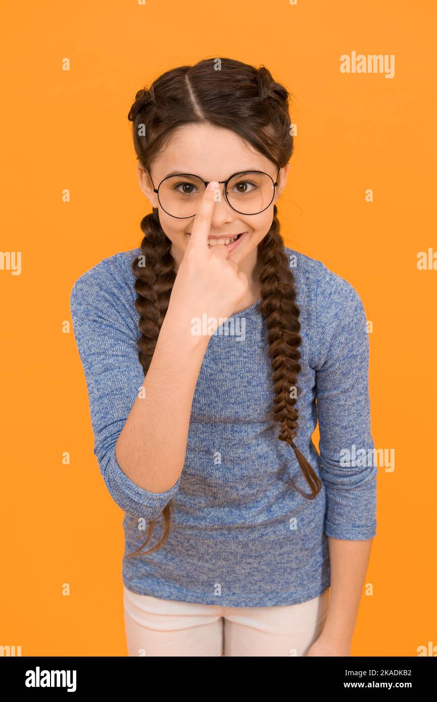 Protect your beauty. Happy child fix glasses on nose. Beauty look of ...