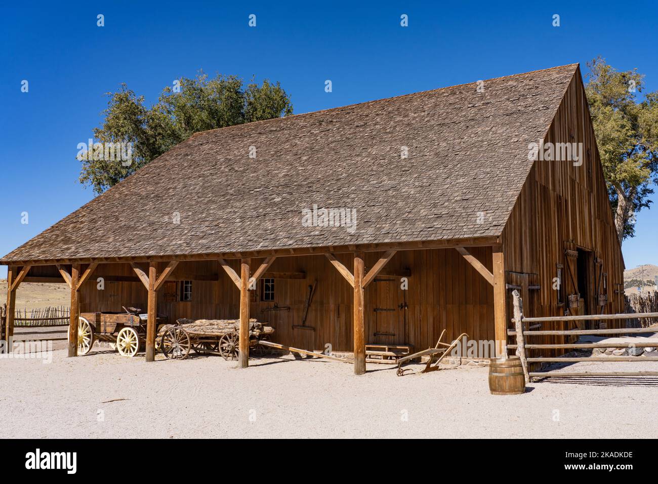 Reconstructed barn of the pioneer Cove Creek Ranch Fort, built in 1867 ...
