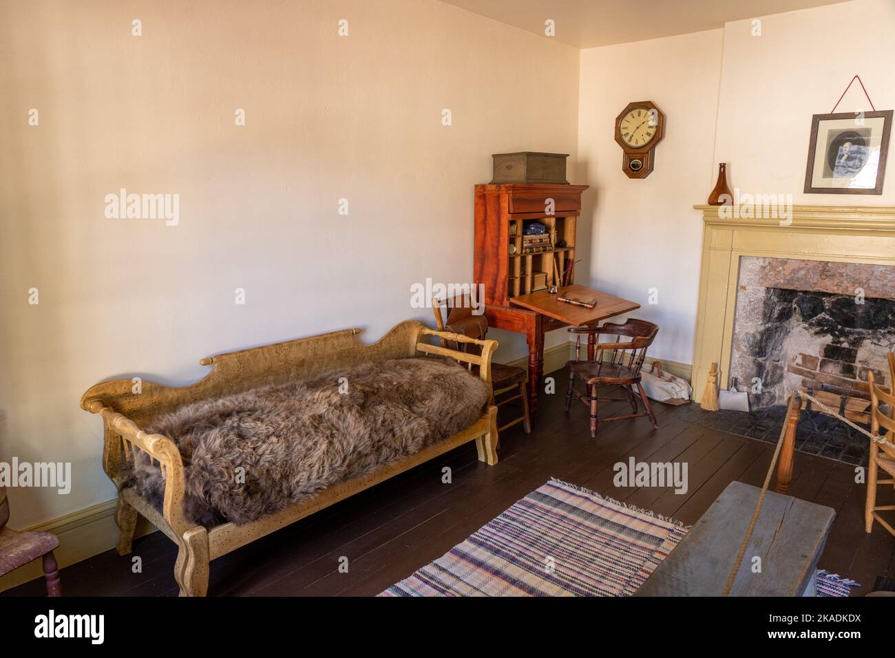 A buffalo hide on a settee in a lodging room of the Cove Creek Ranch ...