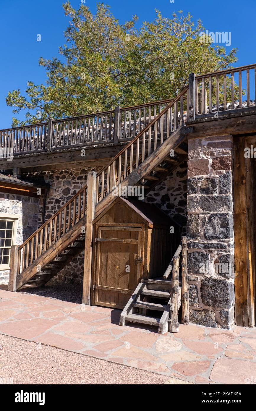 Wooden stairs up to the defensive ramparts of the Cove Creek Ranch Fort ...