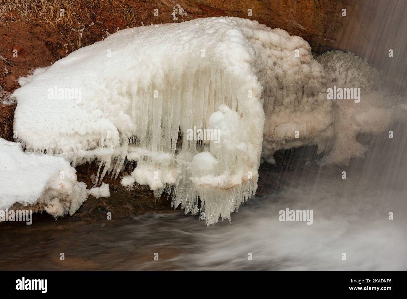 Close-up detail of the cascades of Faux Falls with ice and snow in ...