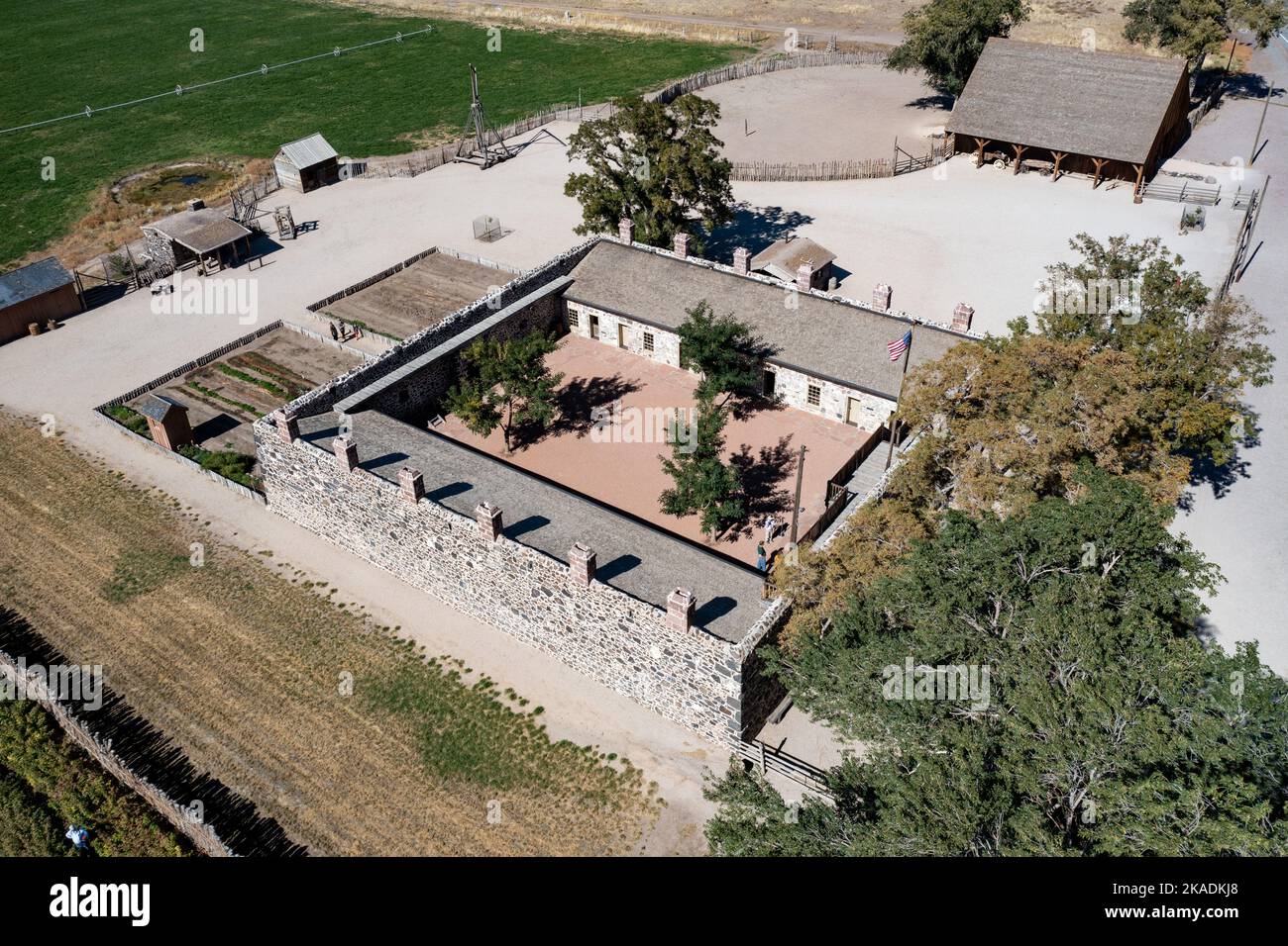 Aerial drone view of the pioneer Cove Creek Ranch Fort, built in 1867 ...