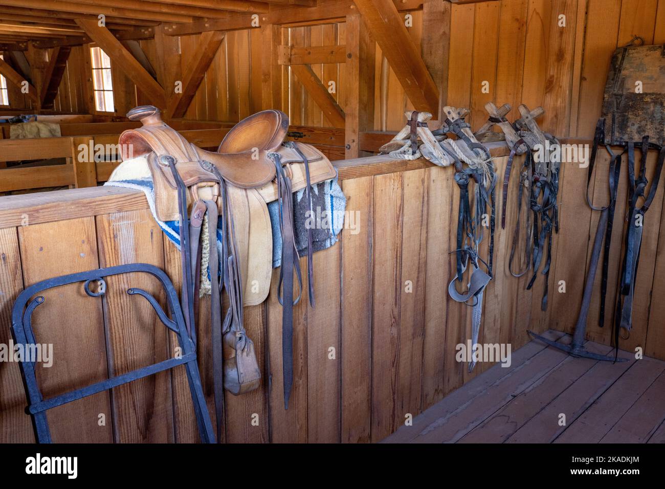 A riding saddle & antique pack saddles in the barn of the pioneer Cove ...