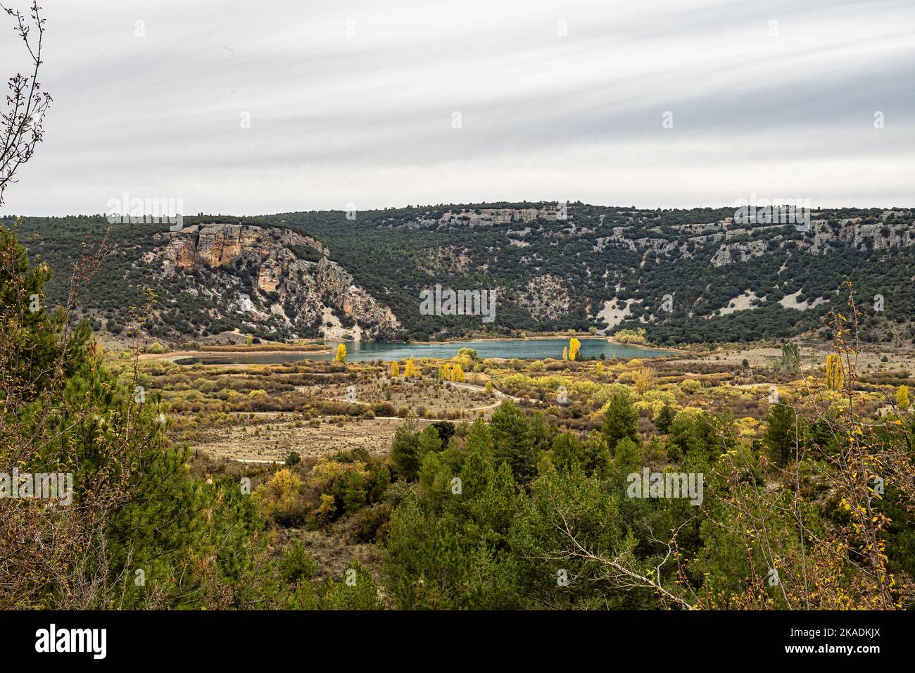 Landscape of karstic cliffs in large lagoon of Tobar in Beteta, Cuenca ...