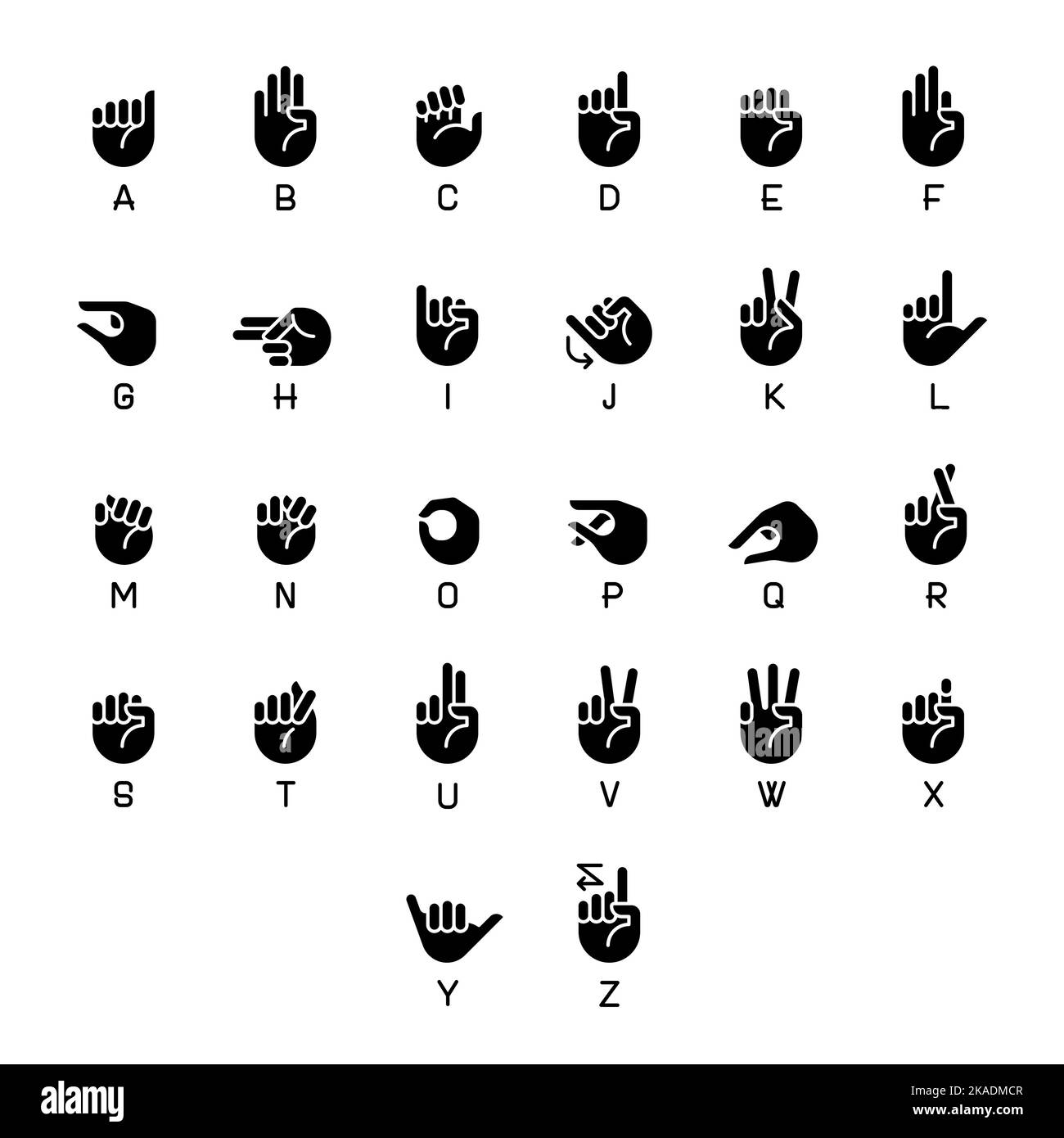 Letters in American sign language black glyph icons set on white space ...