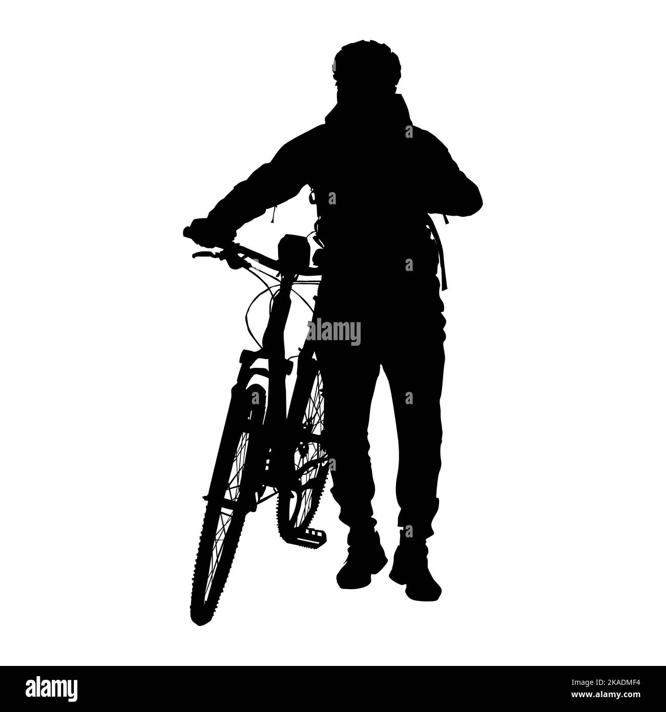 Silhouette of cyclist with bicycle. Man in sports uniform with safety ...