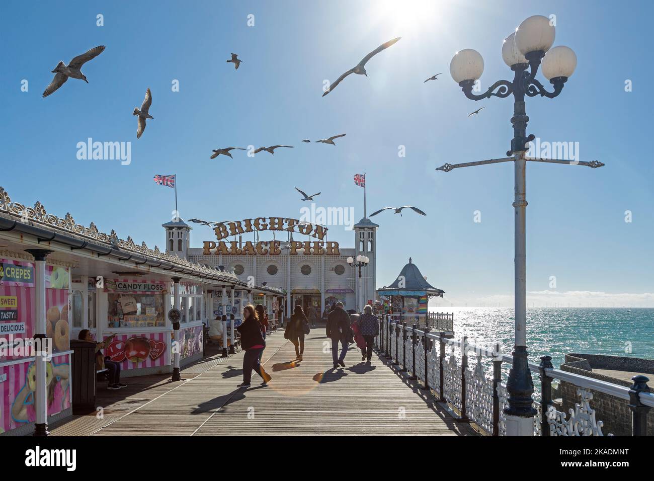 Flying seagulls, Palace Pier, Brighton, England, Great Britain Stock ...