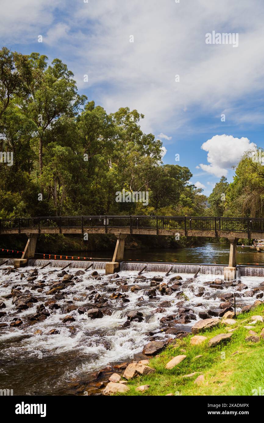 A beautiful shot of a small bridge over a river with trees around and a ...