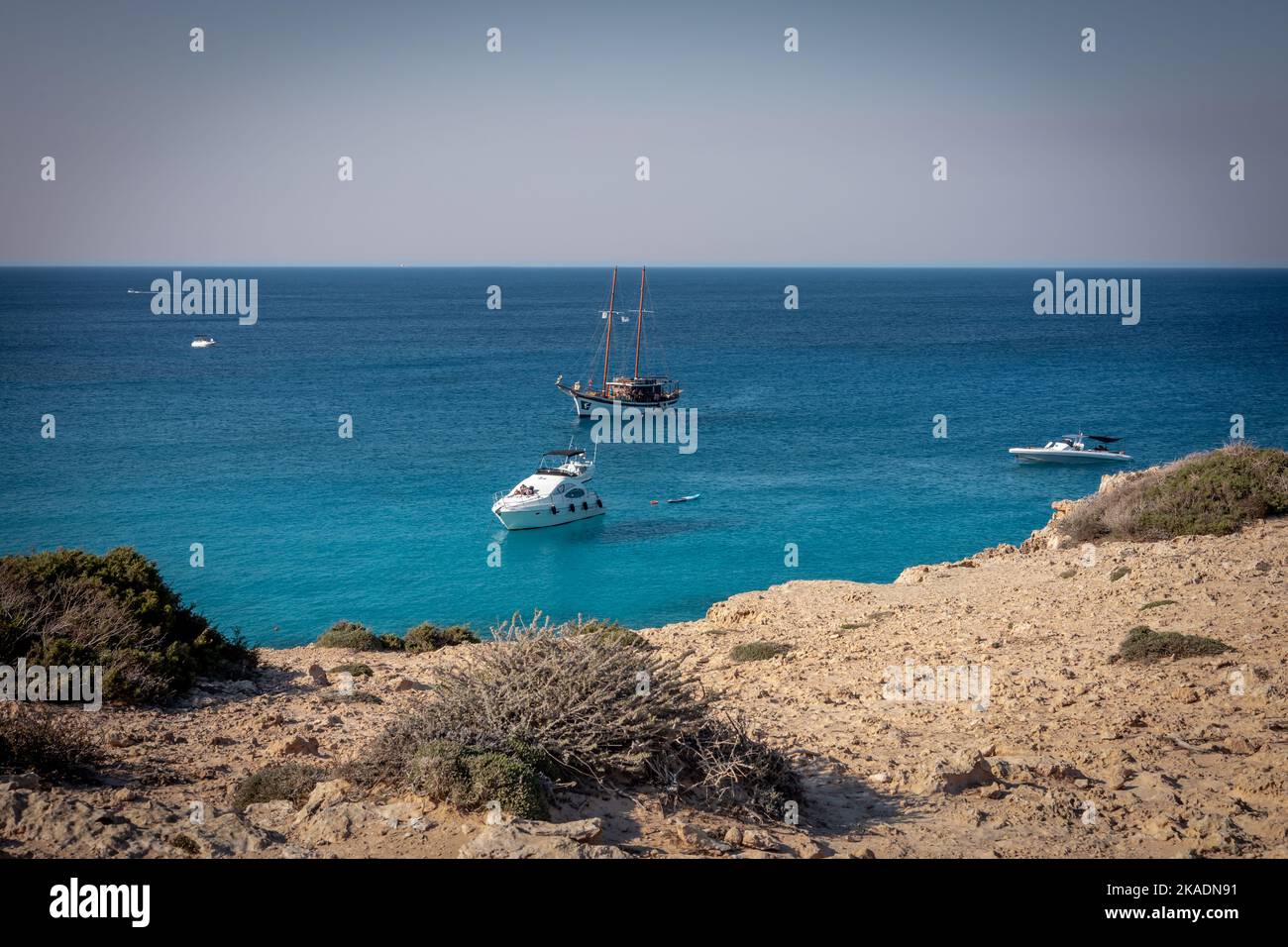 View of the sea and cliffs of Blue Lagoon, Cape Greco, Cyprus. Small ...
