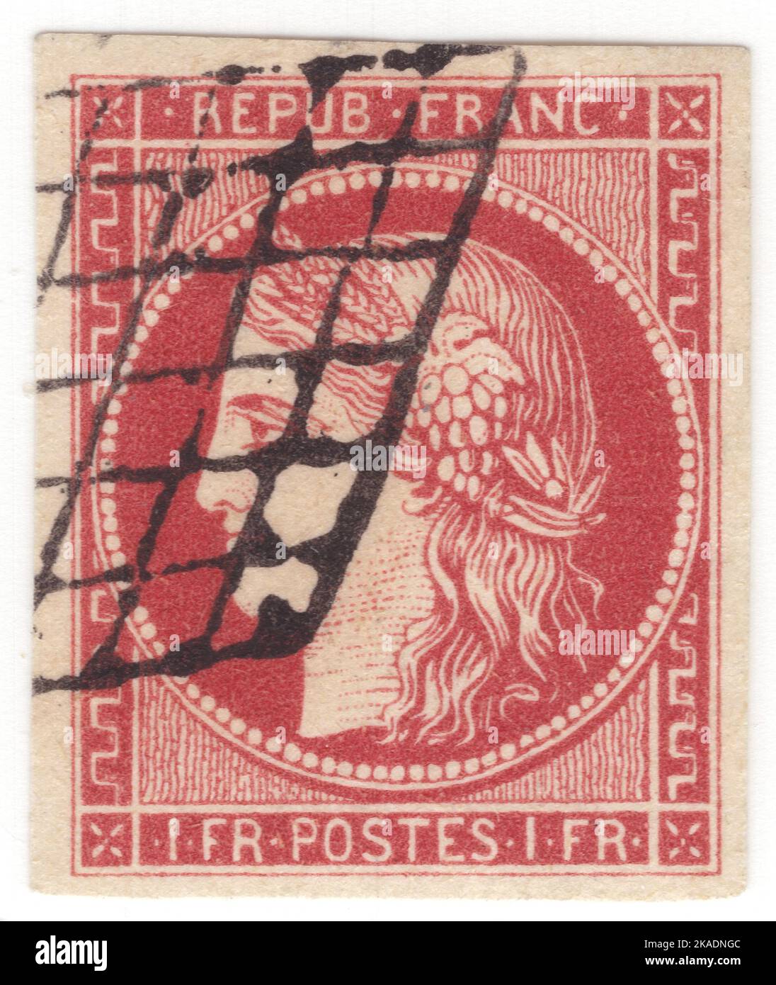 FRANCE - 1849: An 1 frank light carmine postage stamp depicting Ceres ...
