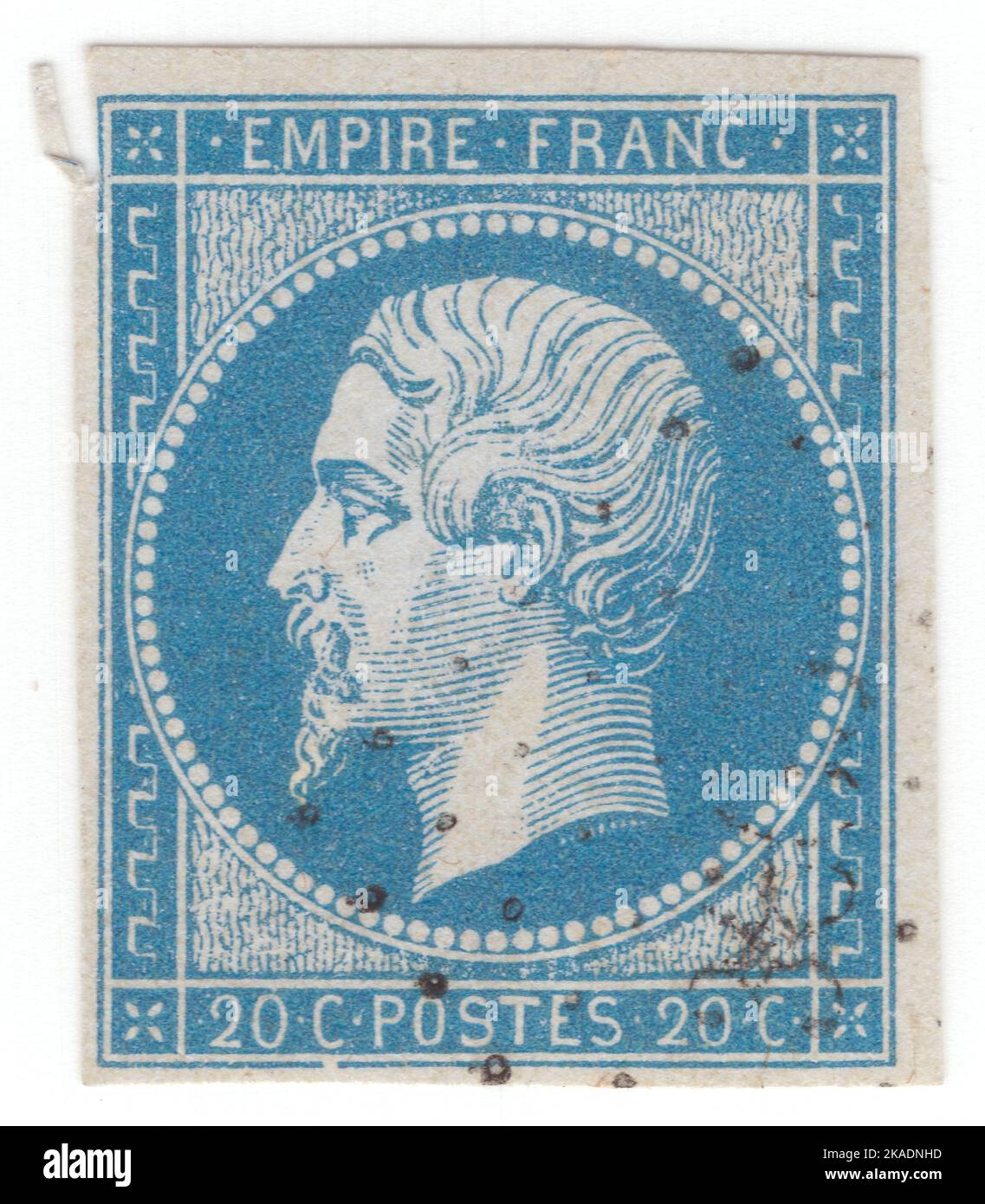 FRANCE - 1854: An 20 centimes blue on blueish postage stamp depicting ...