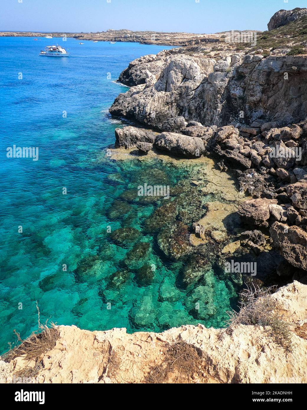 View of the sea and cliffs of Blue Lagoon, Cape Greco, Cyprus Stock ...