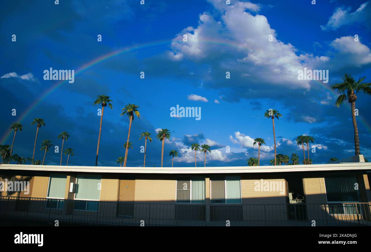 A building with palm trees and rainbow in the background under a cloudy ...