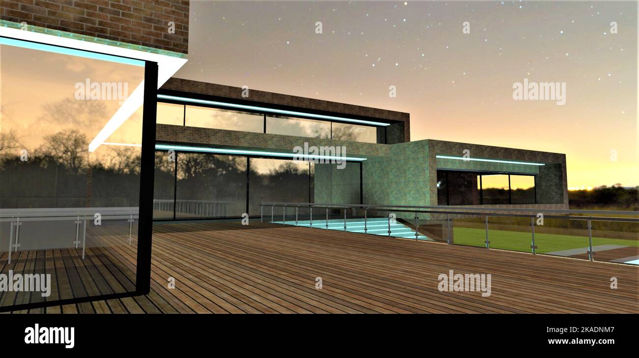 Wide wooden covered terrace at night. The house is illuminated with a ...