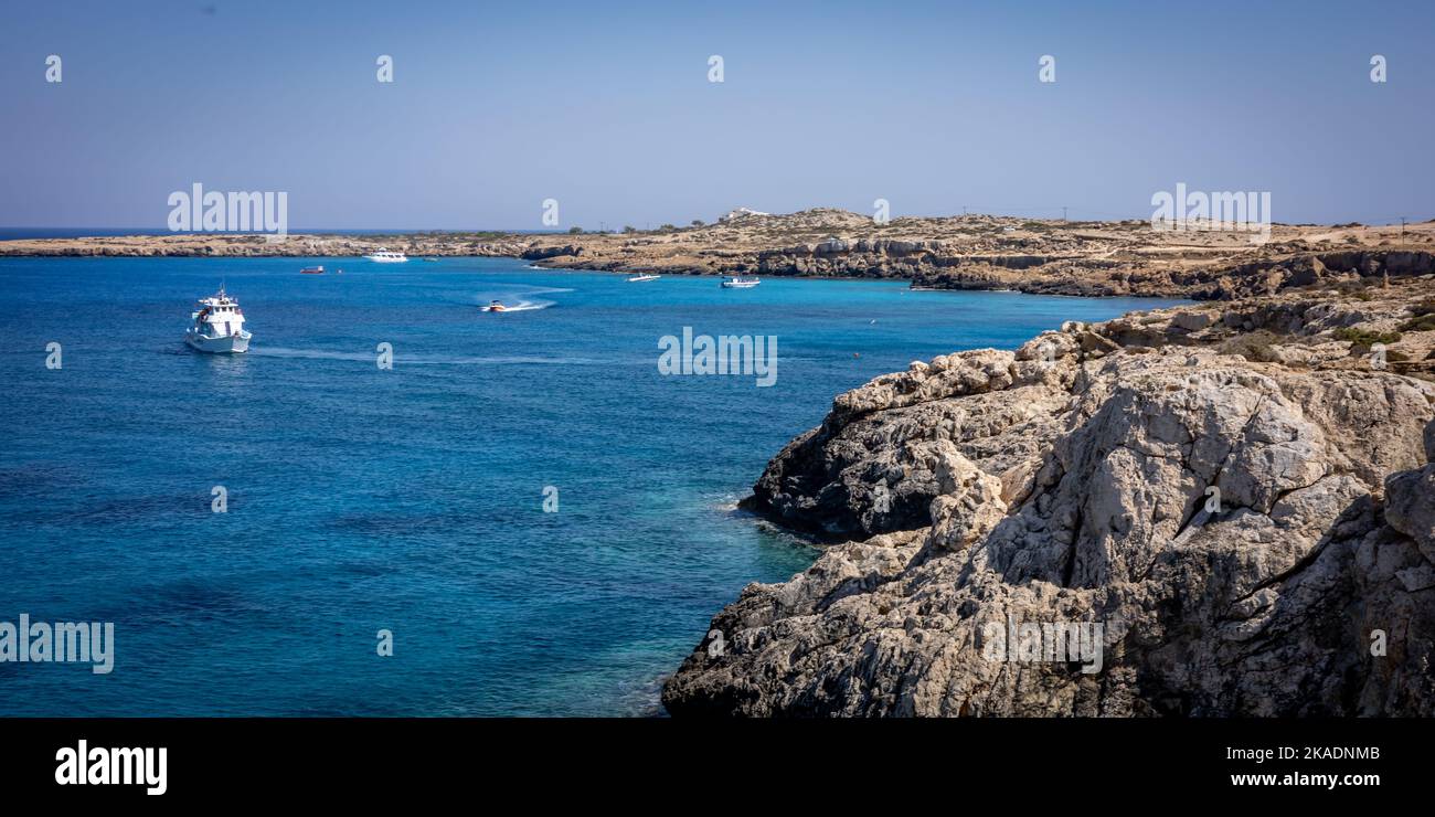 View of the sea and cliffs of Blue Lagoon, Cape Greco, Cyprus. Small ...