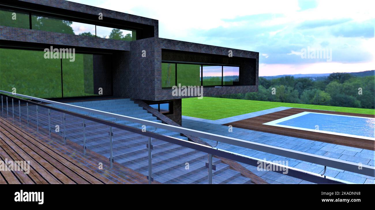 Glass railing with metal fastening on the terrace of a modern high-tech ...