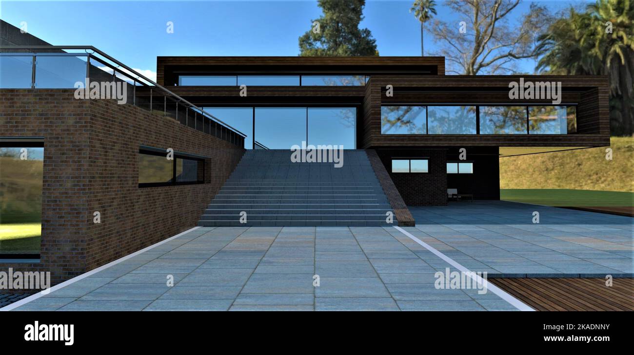Modern design of a country private estate. Wide single-span staircase ...