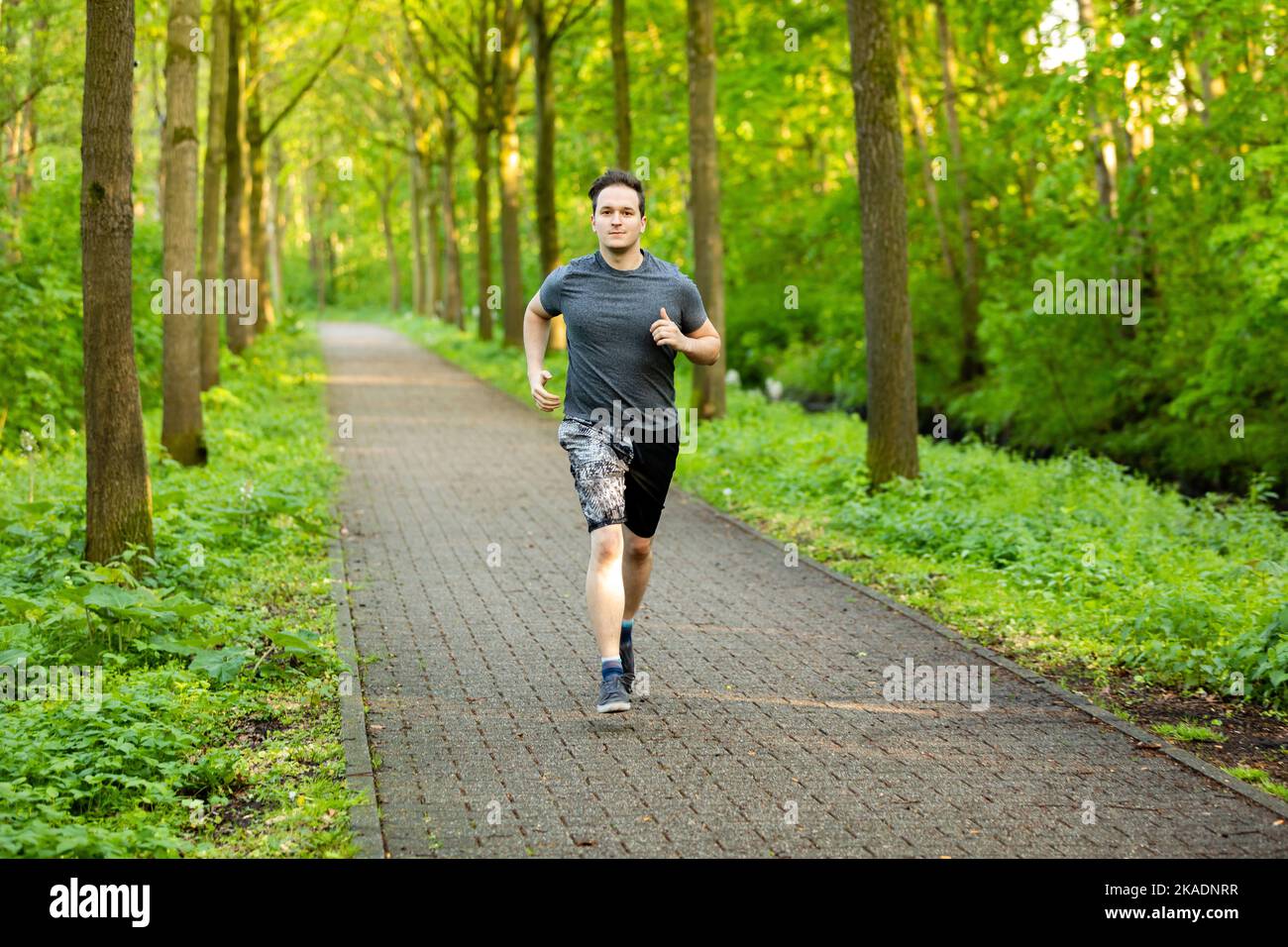 A sporty young man runs in a forest and makes fitness workout Stock ...