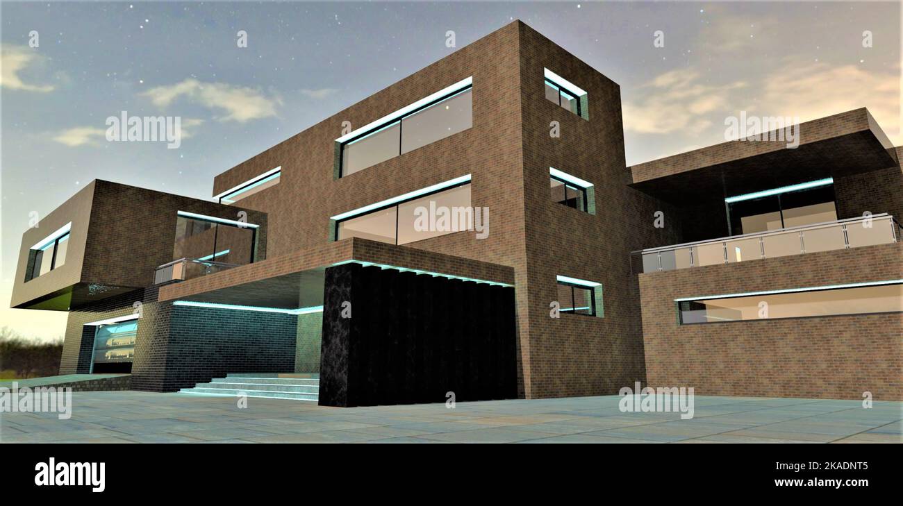 Night lighting of a red brick building with LED strip. The porch and ...