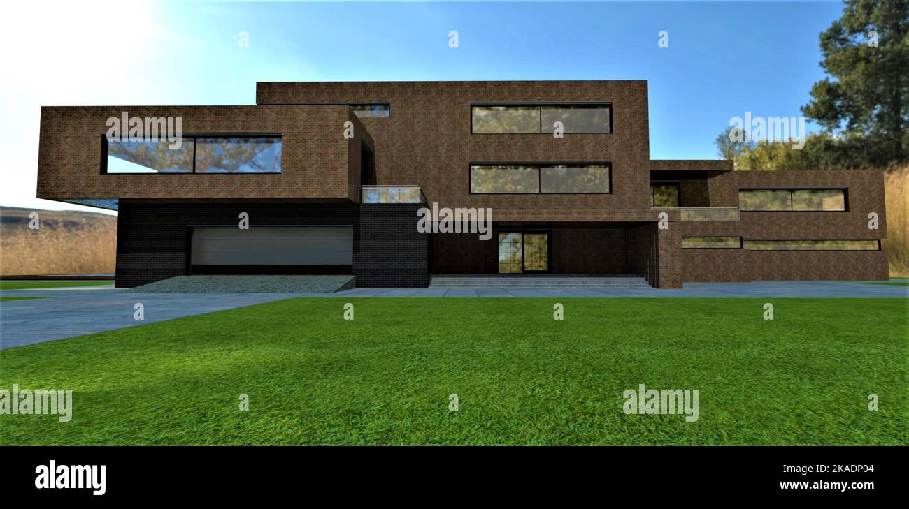 A bright green meadow in front of a chic country estate made of old ...