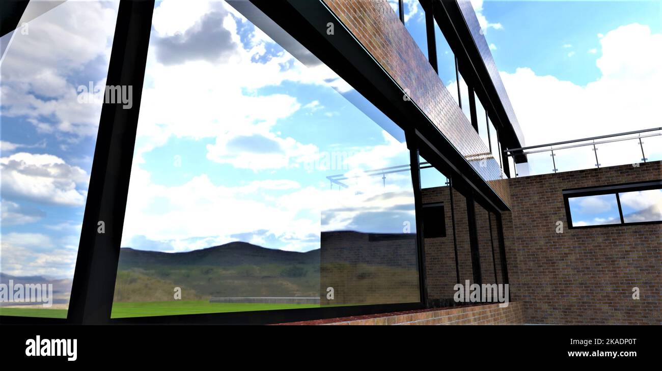 Stained glass window of a modern low-rise office made of natural brown ...