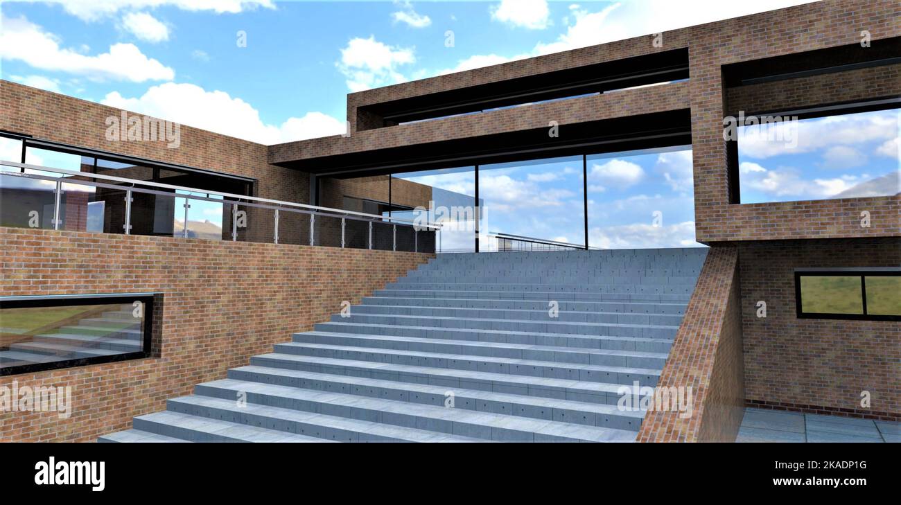 Comfortable concrete staircase with wide steps up to the terrace. A ...