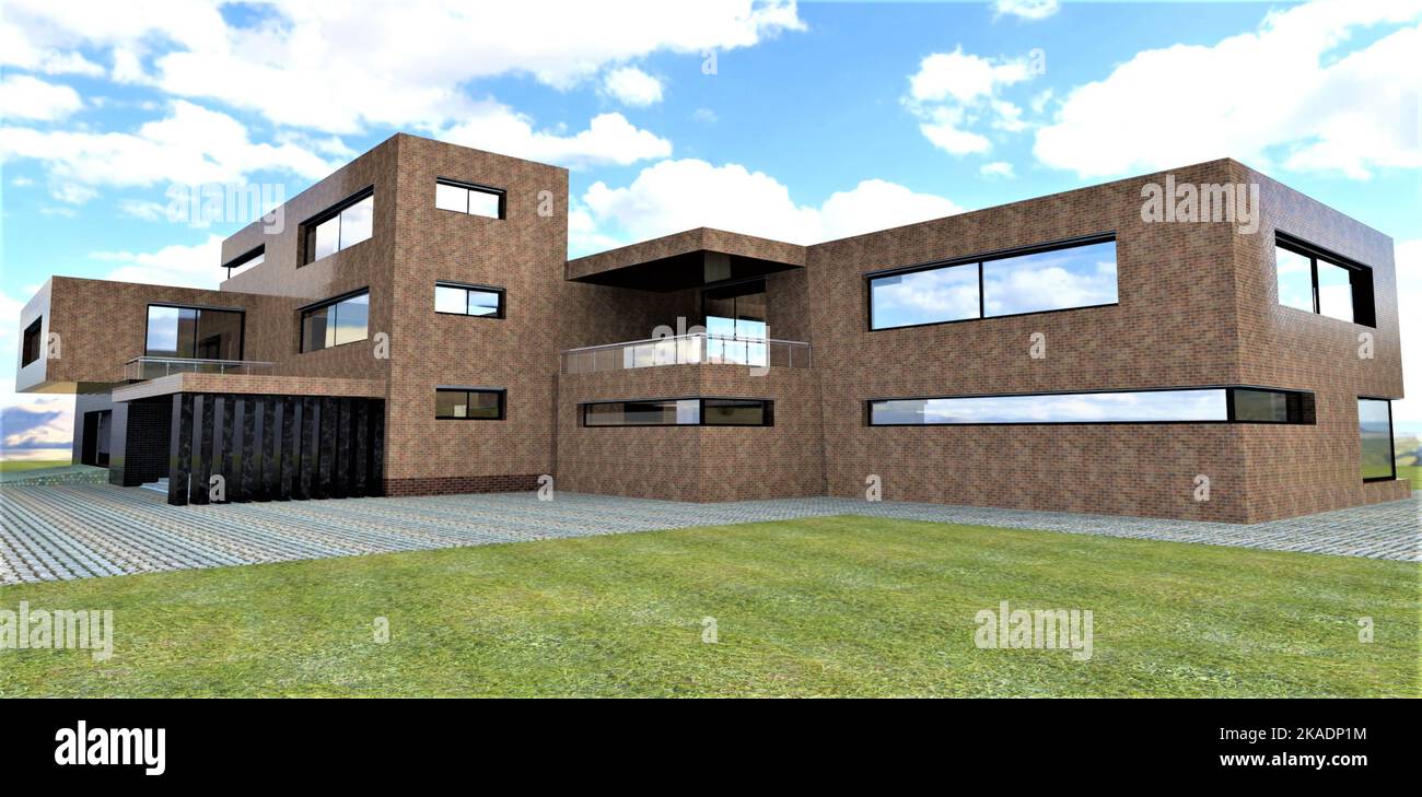 Modern suburban low-rise office built of old natural brick in a ...