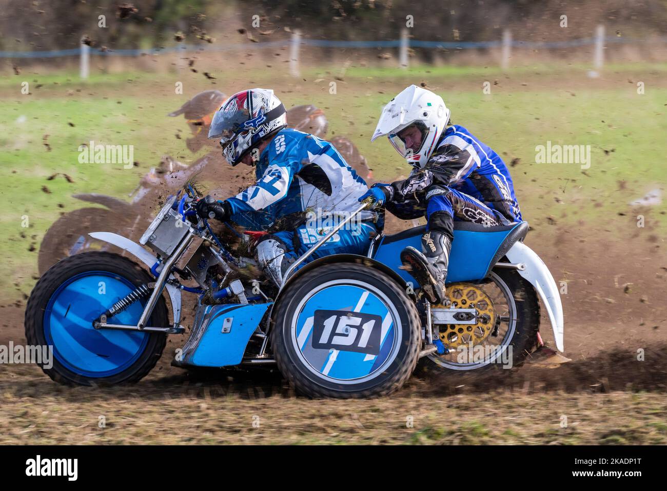 Jeff Measor & Dan Webb racing in grasstrack motorcycle race. Donut ...