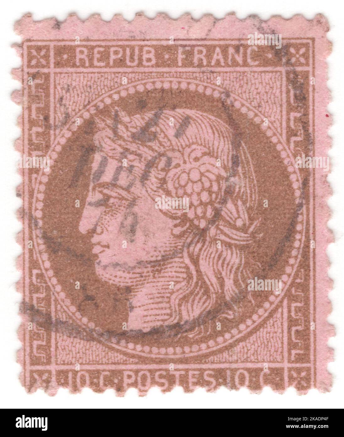 FRANCE - 1873: An 10 centimes bister on rose postage stamp depicting ...