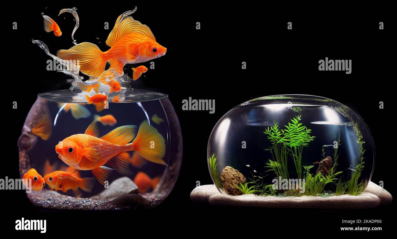 Goldfish jumping out of an overcrowded bowl aquarium to another ball ...