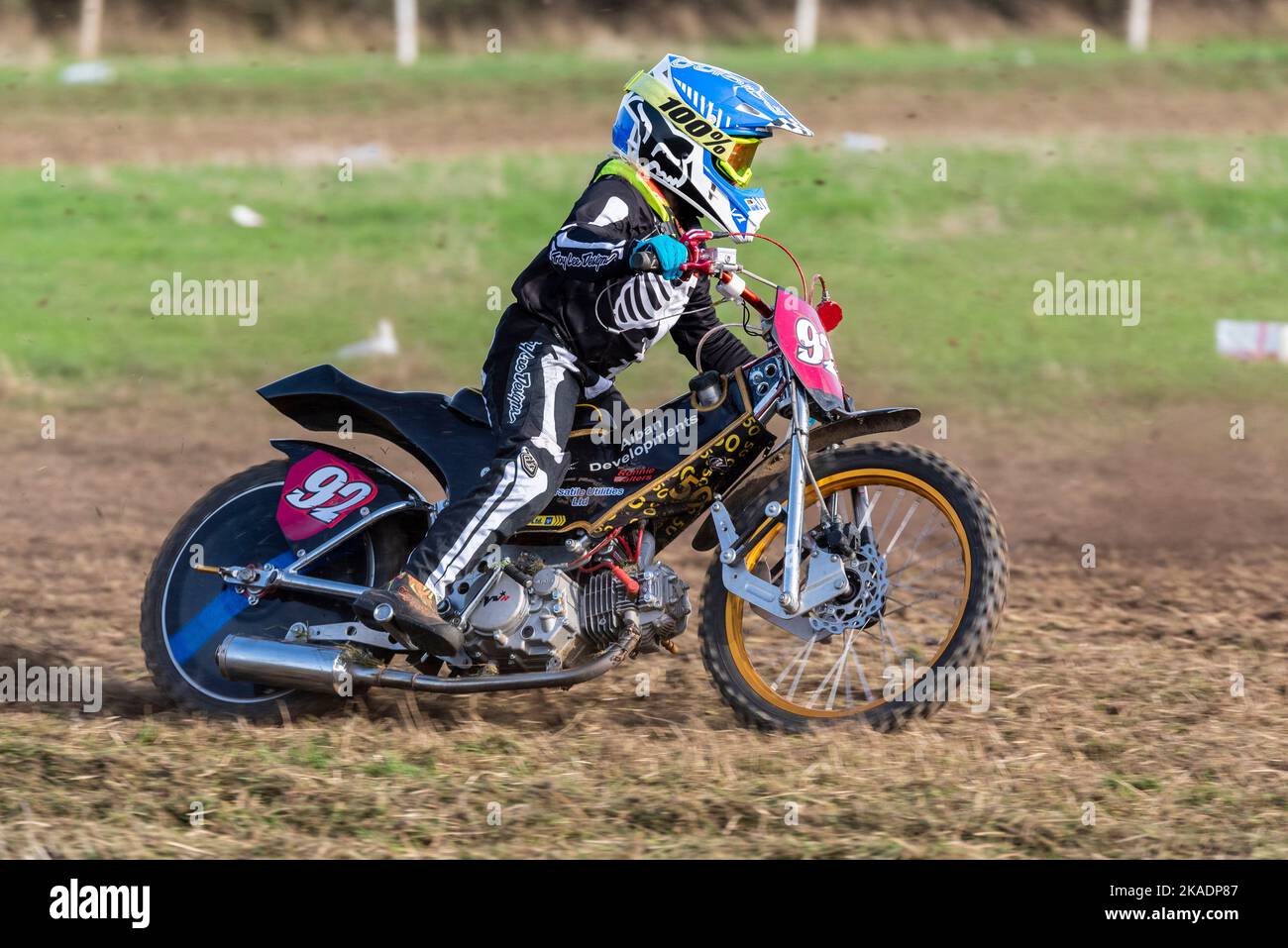 Archie Whitelam racing in grasstrack motorcycle race. Donut Meeting ...