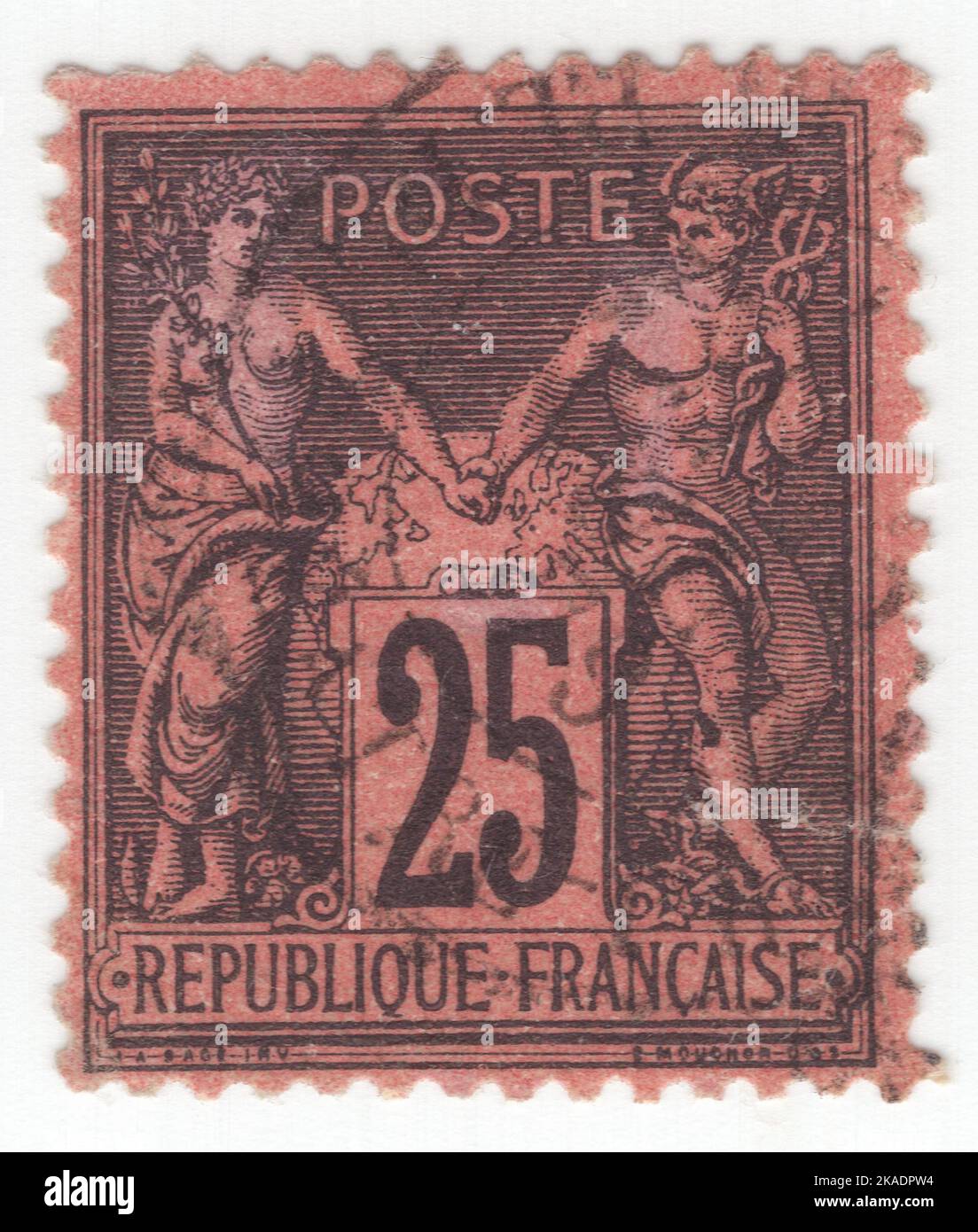FRANCE - 1878: An 25 centimes black on red postage stamp depicting ...