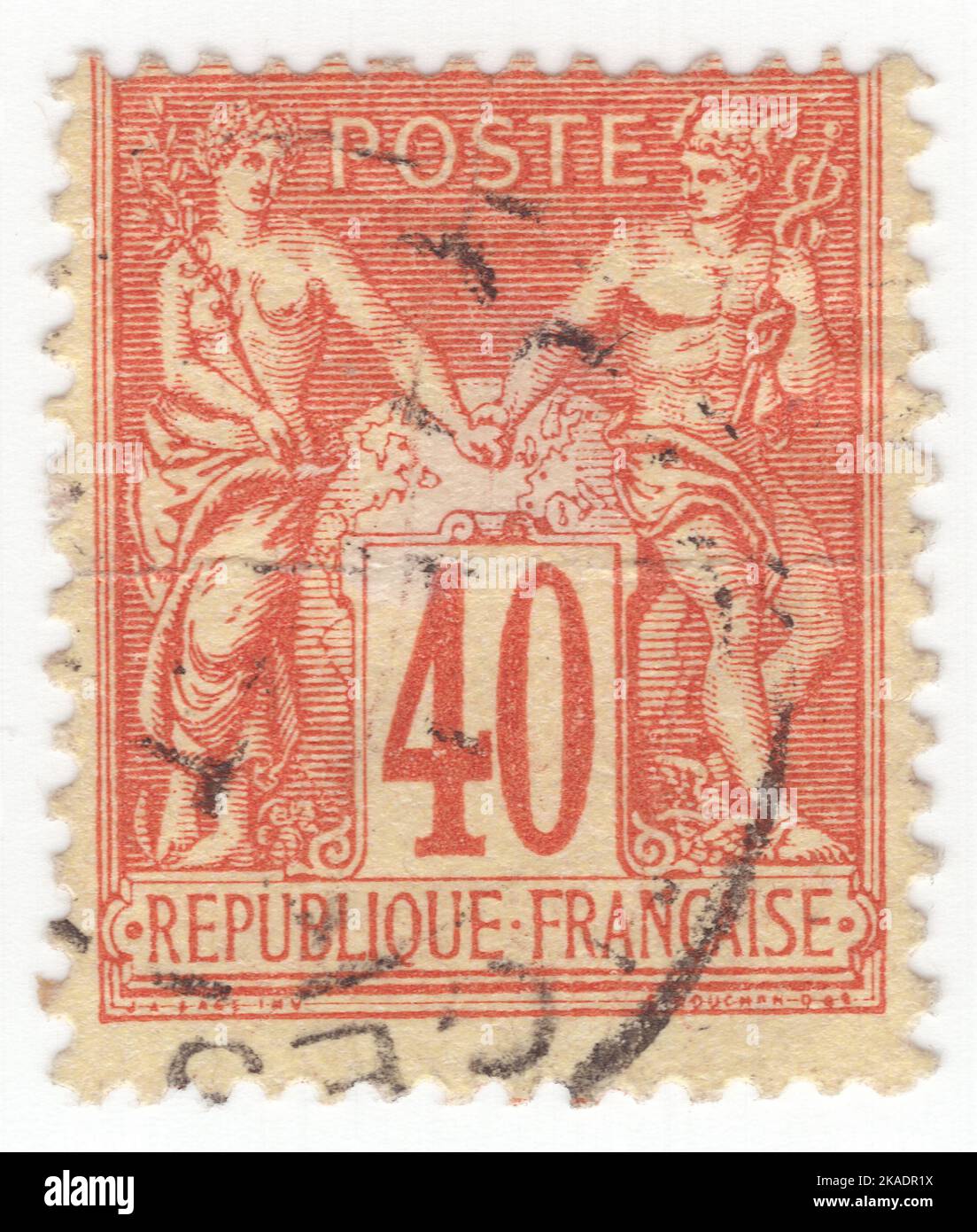 FRANCE - 1880: An 40 centimes red on straw postage stamp depicting ...
