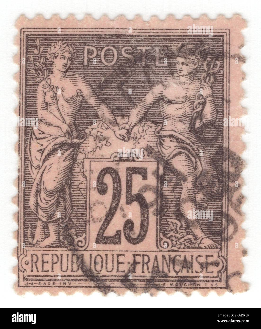 FRANCE - 1886: An 25 centimes black on pale rose postage stamp ...