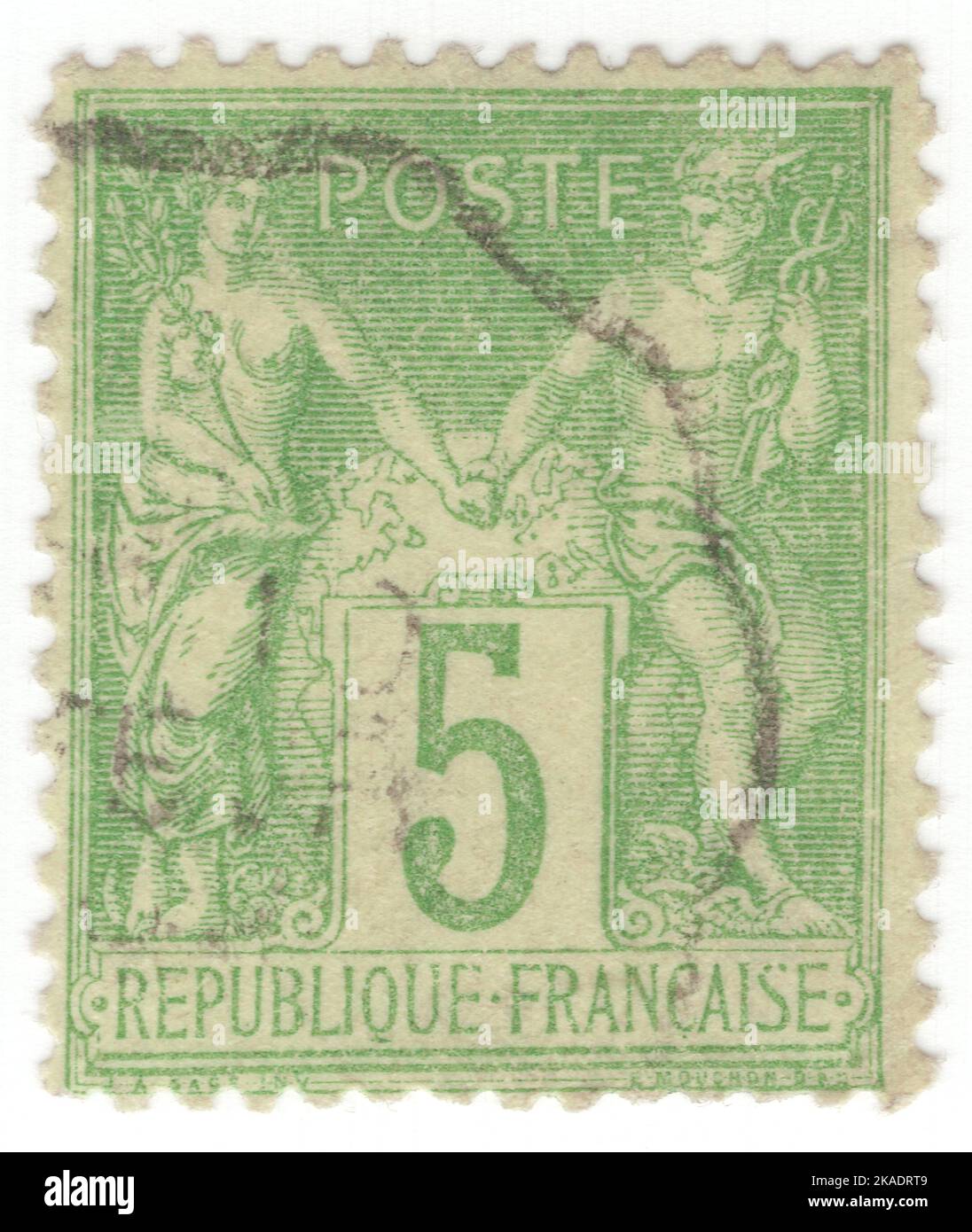 FRANCE - 1898: An 5 centimes yellow-green postage stamp depicting ...