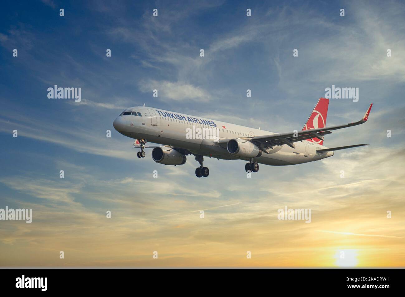 Airplane of the airline turkish airlines on the landing approach at the ...