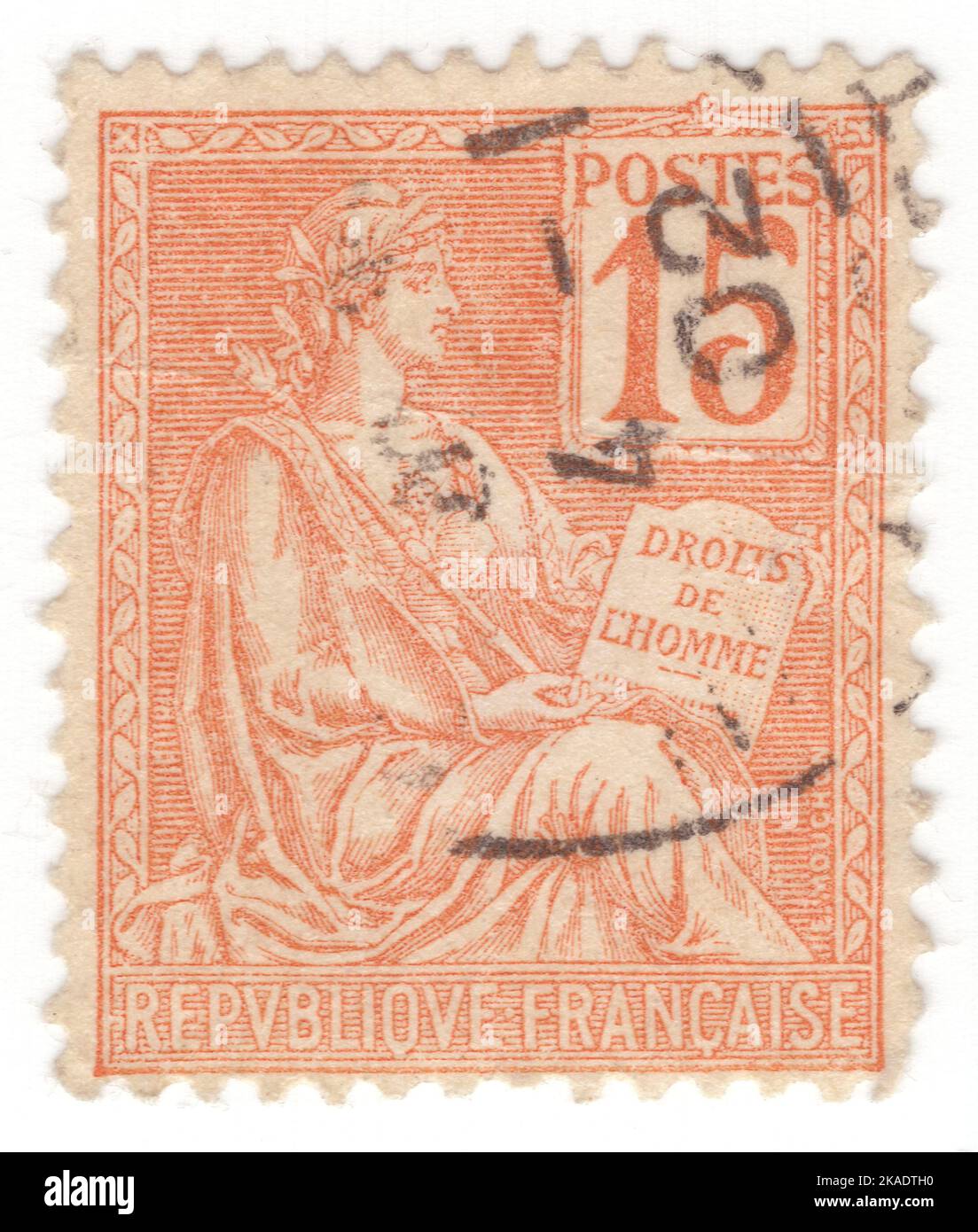 FRANCE - 1900: An 15 centimes orange postage stamp depicting allegory ...