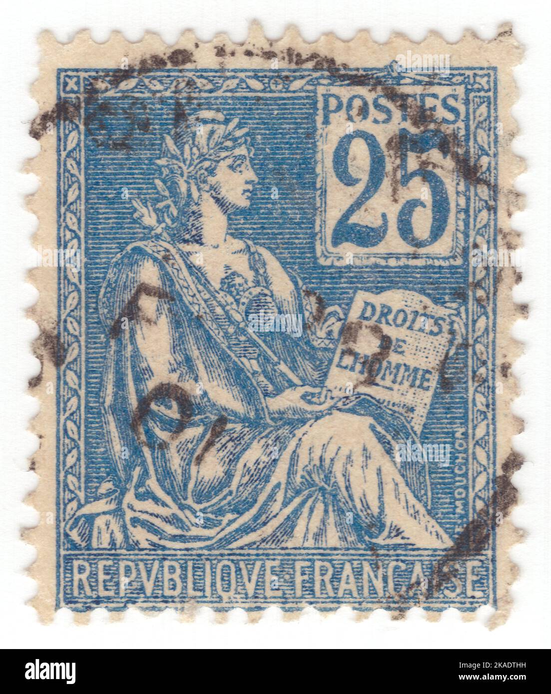 FRANCE - 1900: An 25 centimes blue postage stamp depicting allegory ...