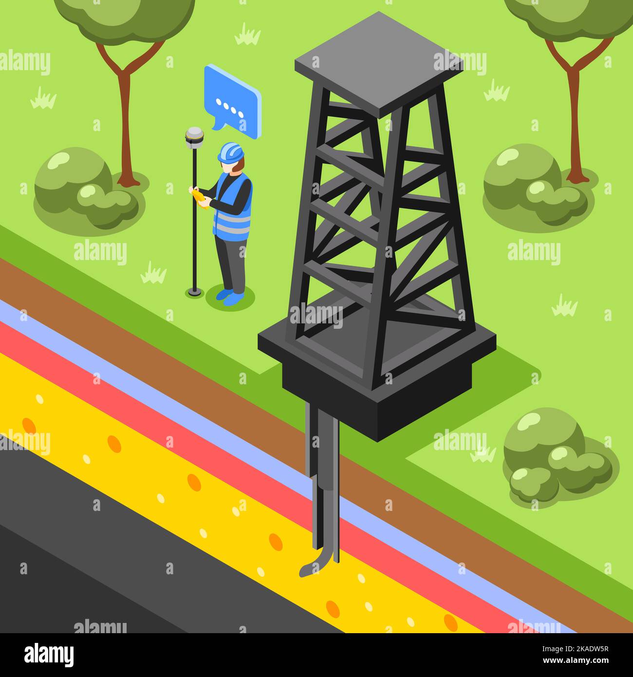 Geodesy isometric background with profile view of ground layers with ...