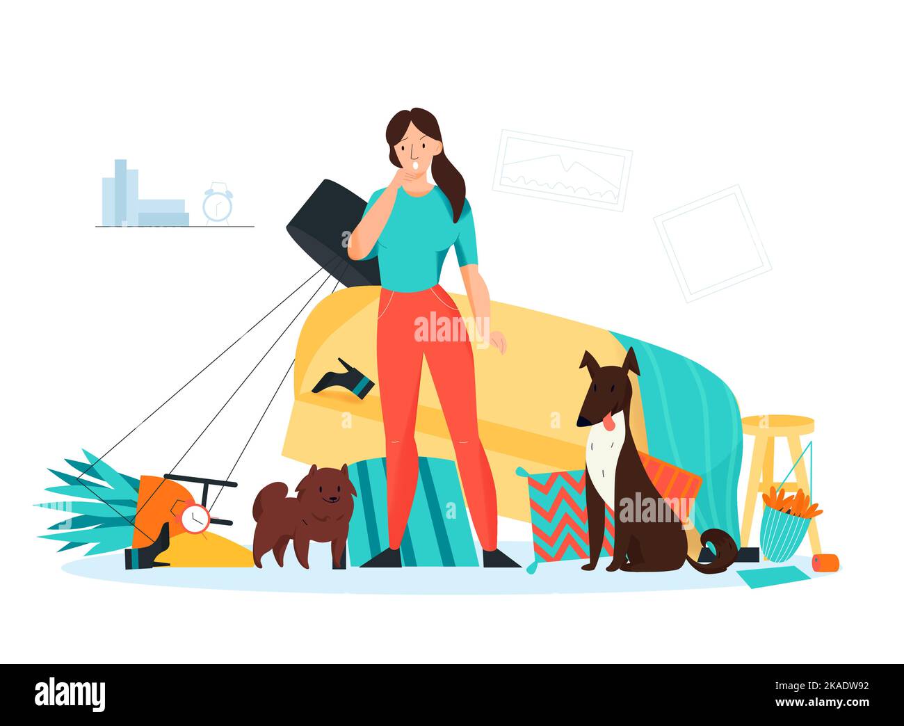 Frustrated dog owner looking at mess made by her naughty pets in living ...