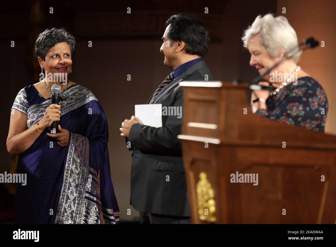 (left to right) Chandrika Joshi, Sanjeev Bhaskar and Jane Preece during ...