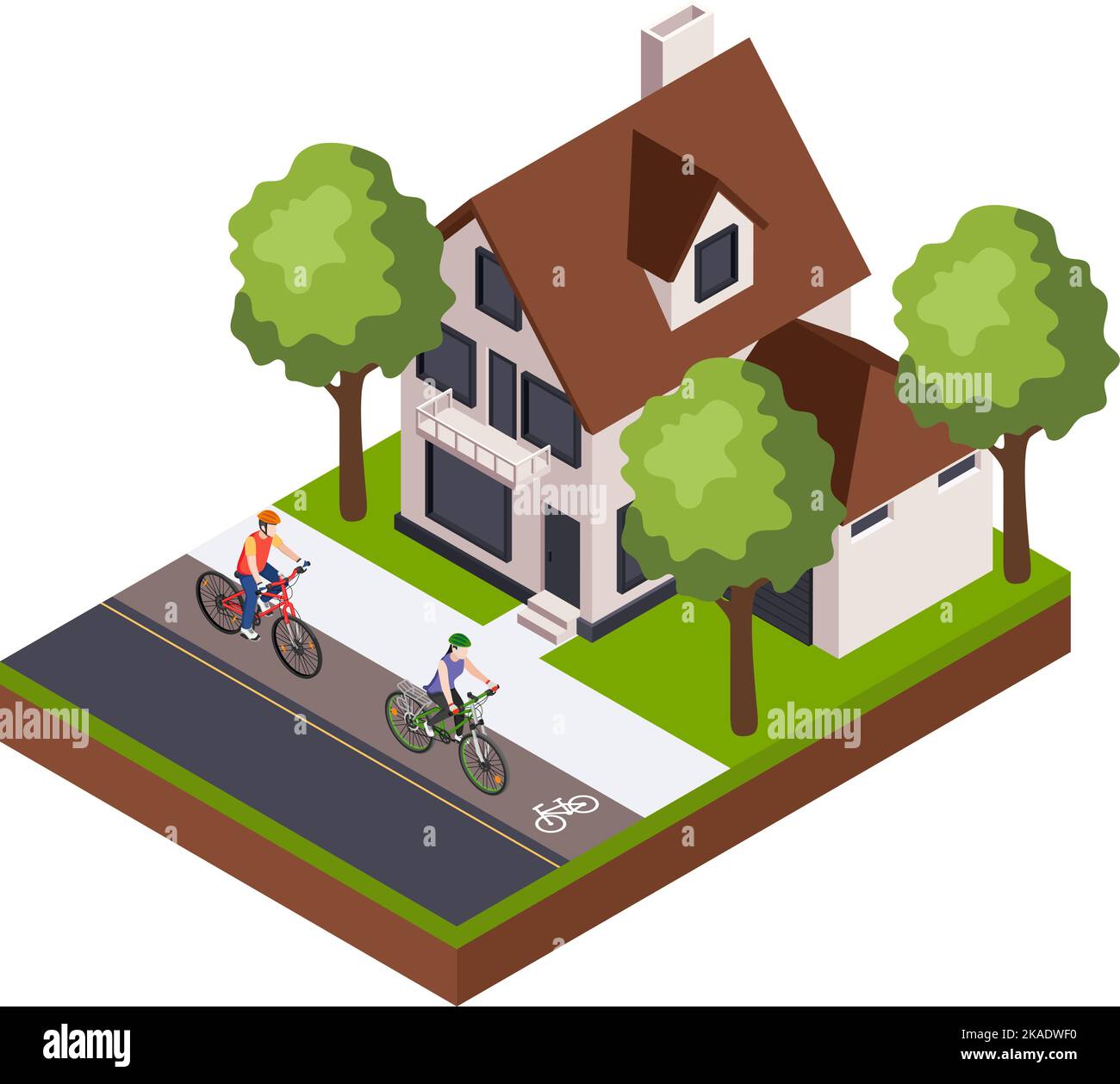 Isometric composition with man and woman cycling along bike lane past ...