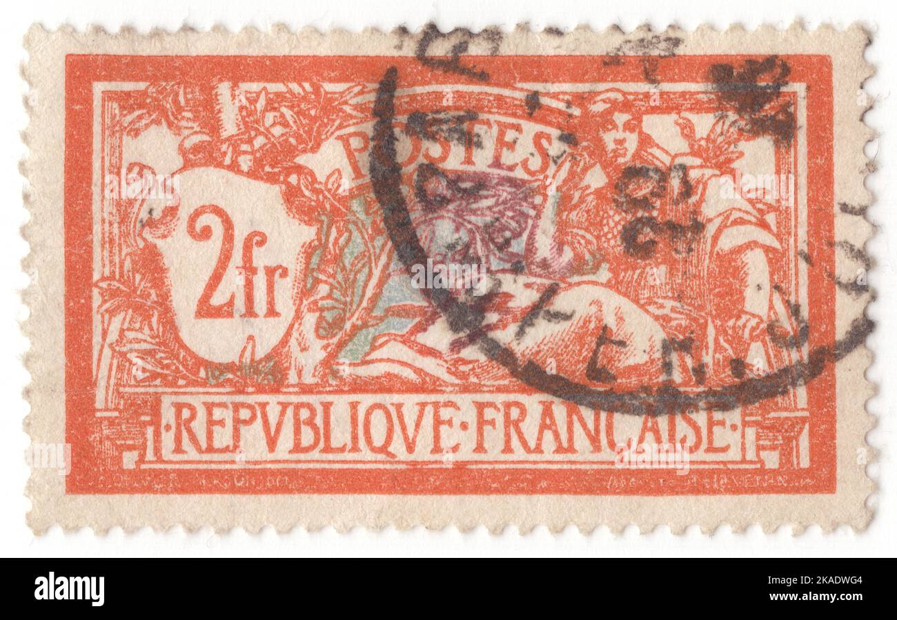 FRANCE - 1920: An 2 franc orange and pale blue postage stamp depicting ...