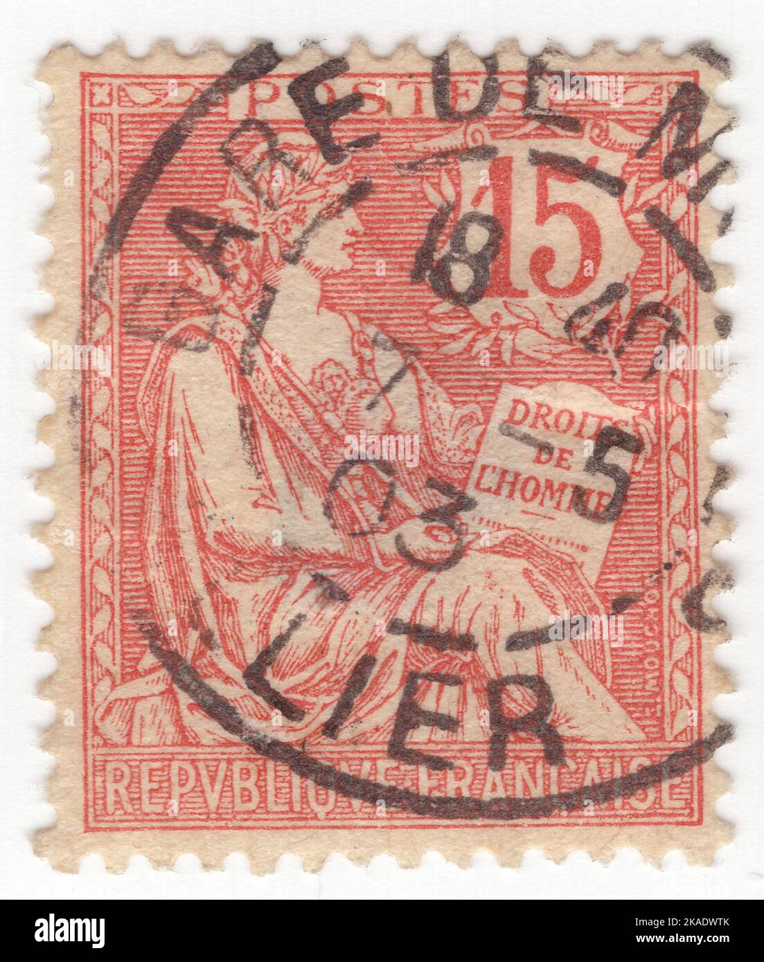 FRANCE - 1902: An 15 centimes pale red postage stamp depicting allegory ...