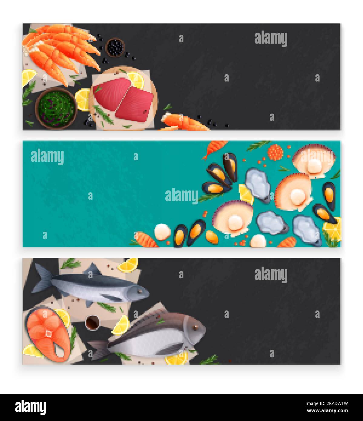 Seafood fresh and frozen products 3 horizontal green black background ...