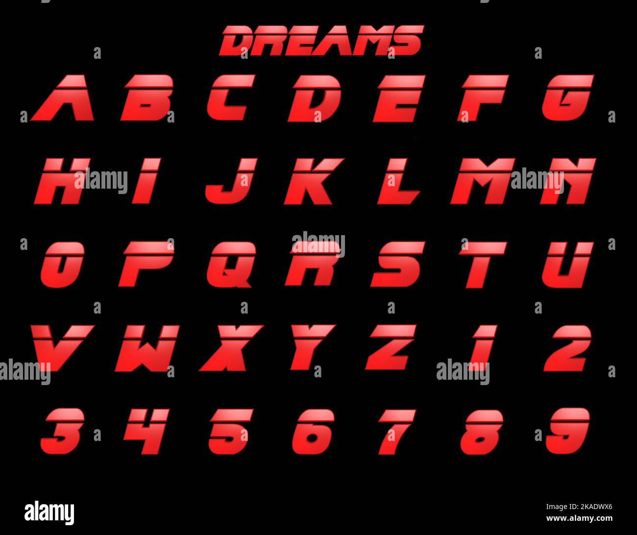 An illustration of a red bold alphabet and number font on a black ...