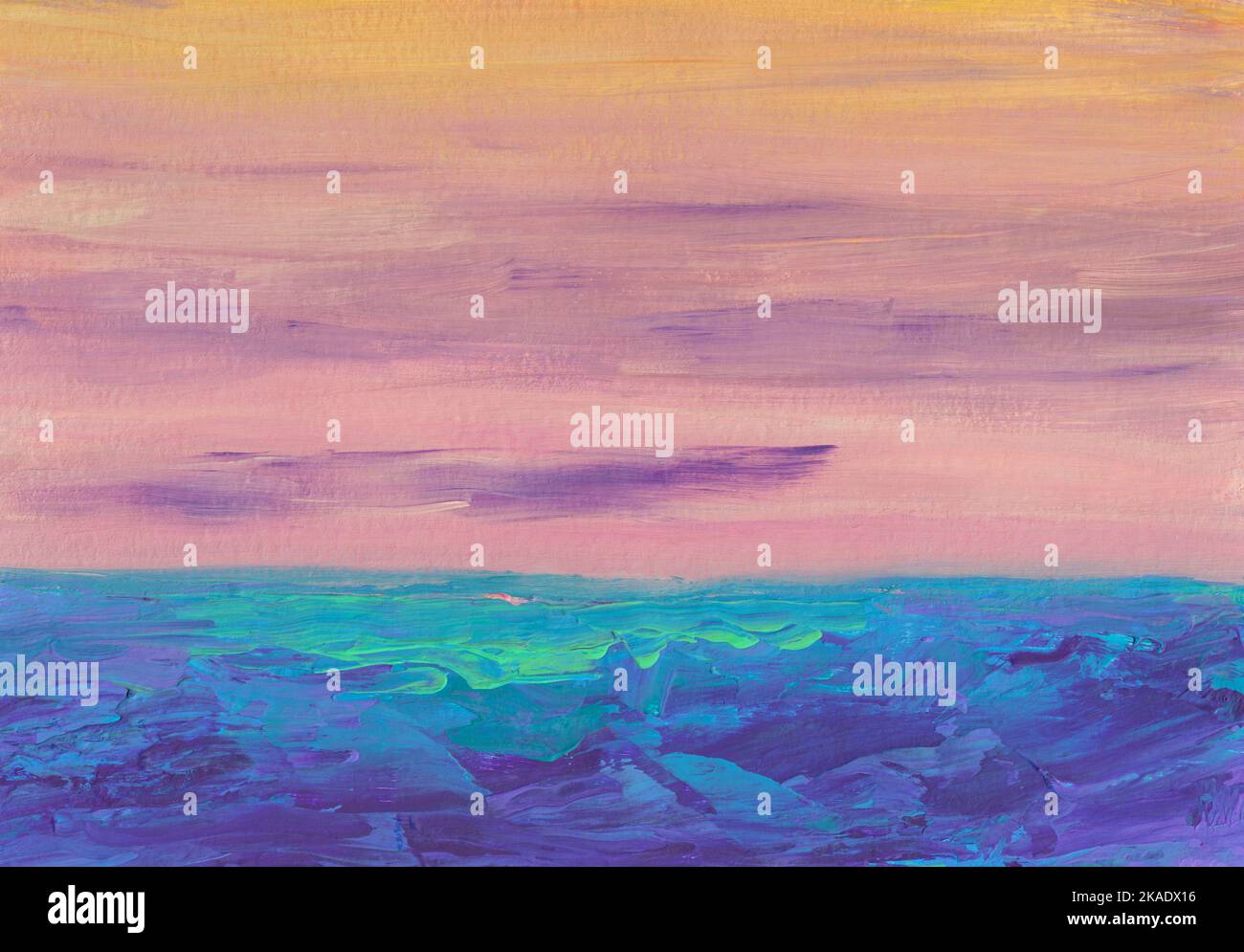 Sea landscape sunset abstract painting. Acrylic pastel pink, purple ...