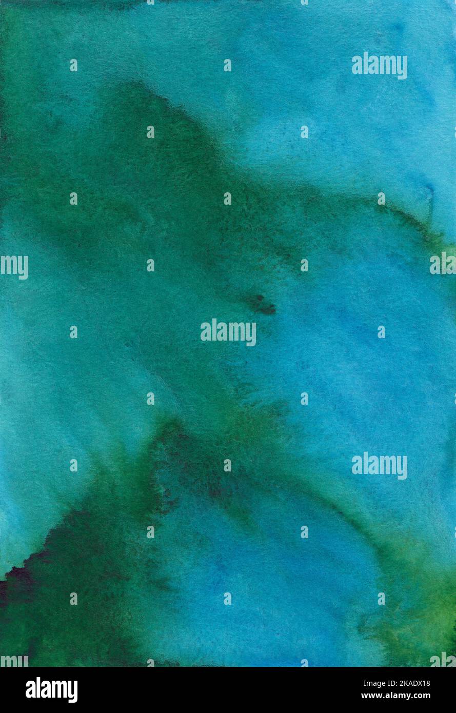 Watercolor dark blue, green background texture. Stains on paper, hand ...